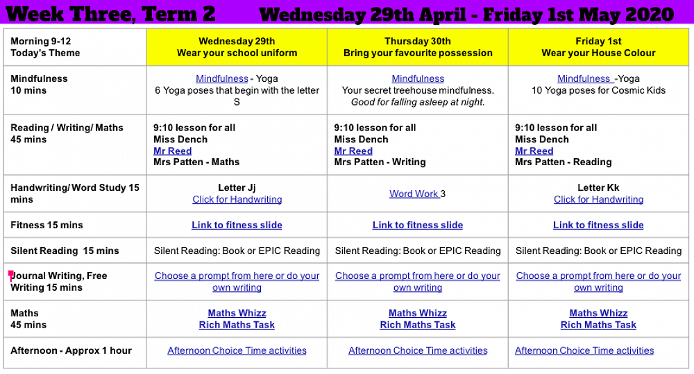 Huatau Distance Learning Term 2 - Week 3 Timetable.