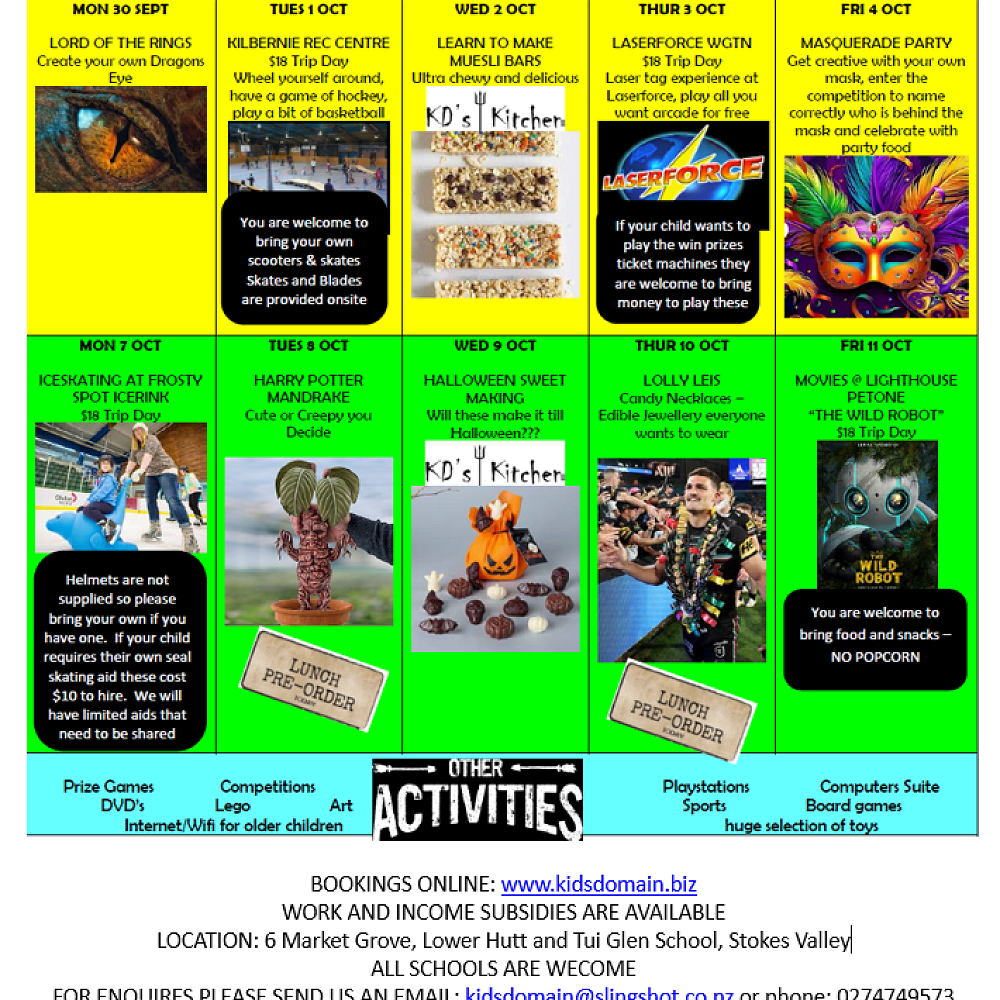 KidsDomain October School Holidays Programme Term 3 Week 8 Paraire
