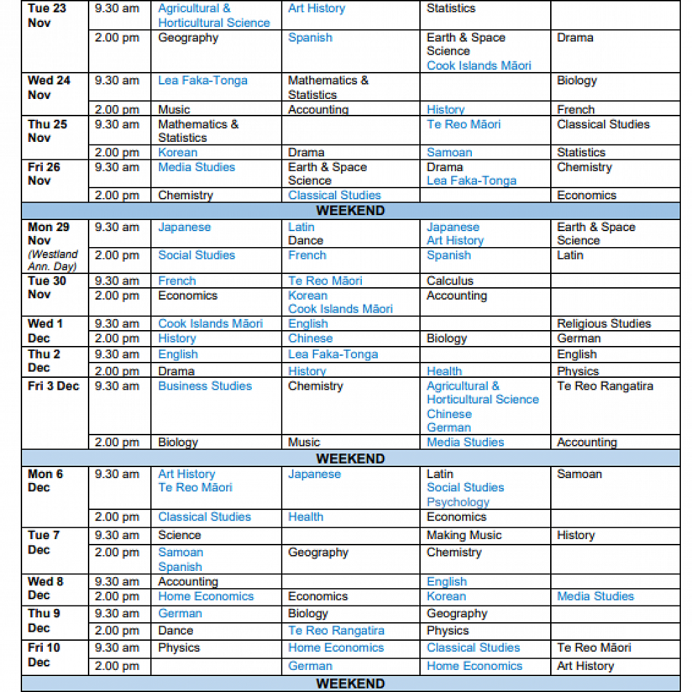 2021 Examination Timetable
