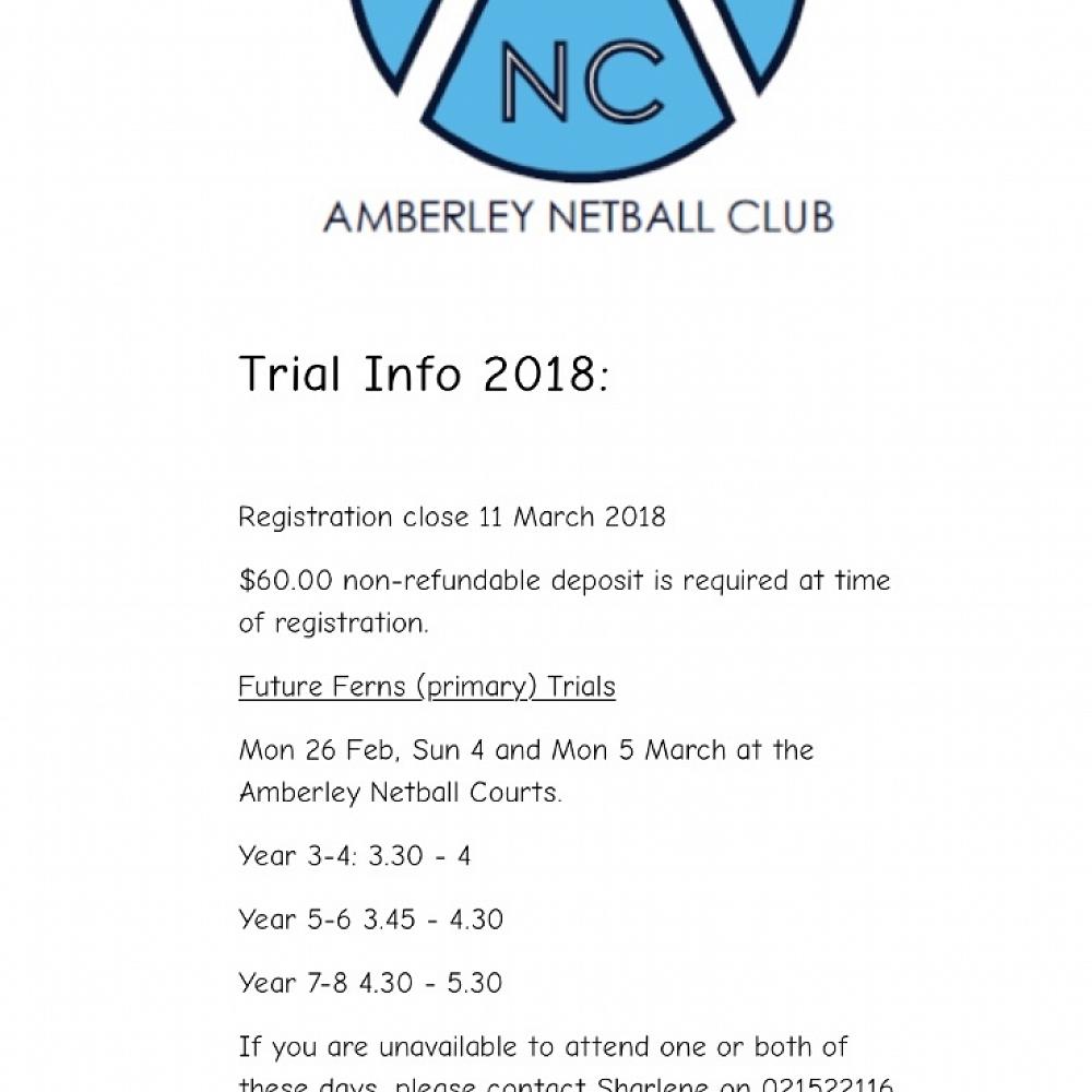 AMBERLEY NETBALL CLUB - 2018 TRIAL INFO — 2018 Newsletter 2