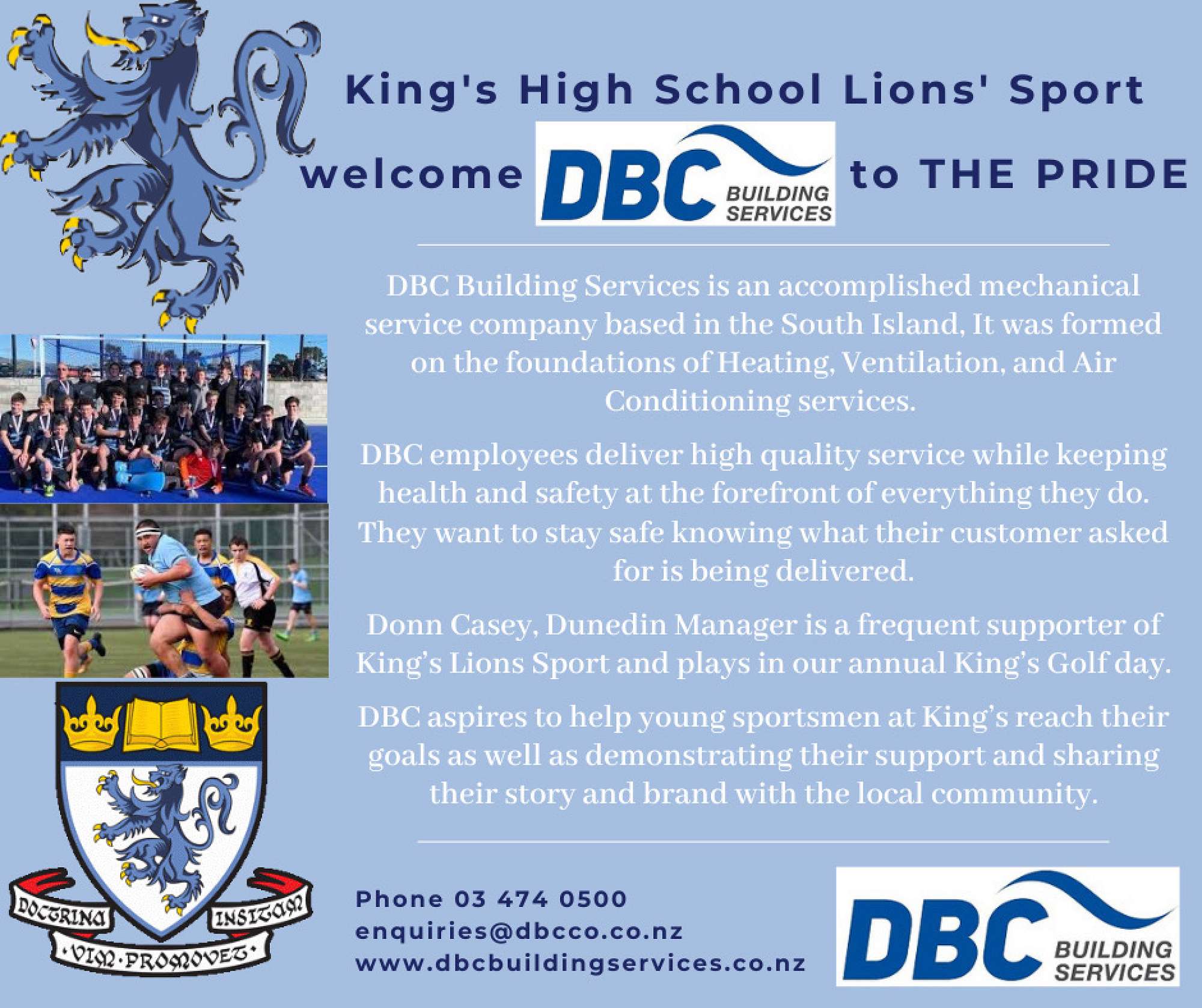 King's High School Lion's Sport Welcome DBC Building Services to THE PRIDE