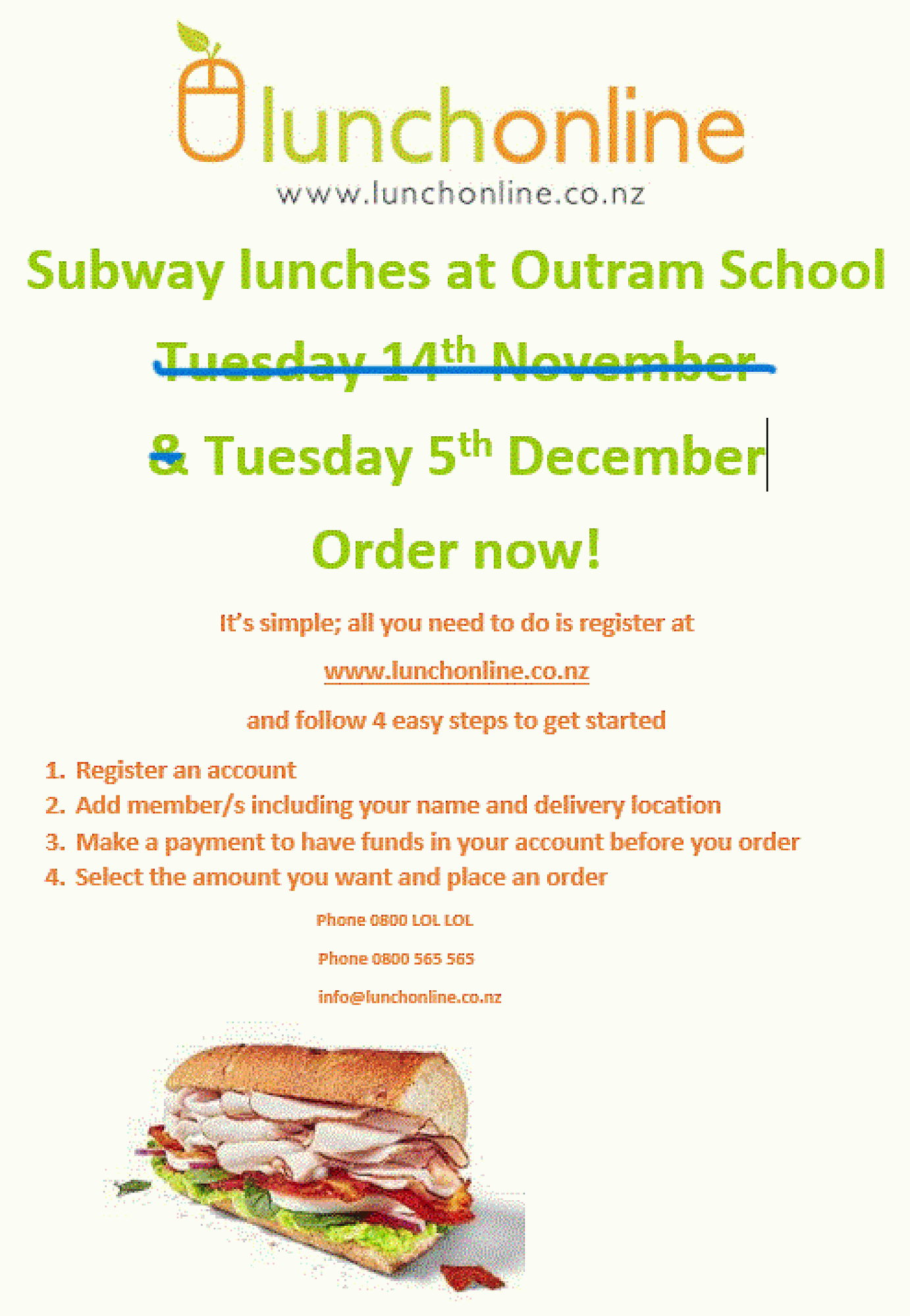 Lunchonline Subway order -Tuesday 5thDecember