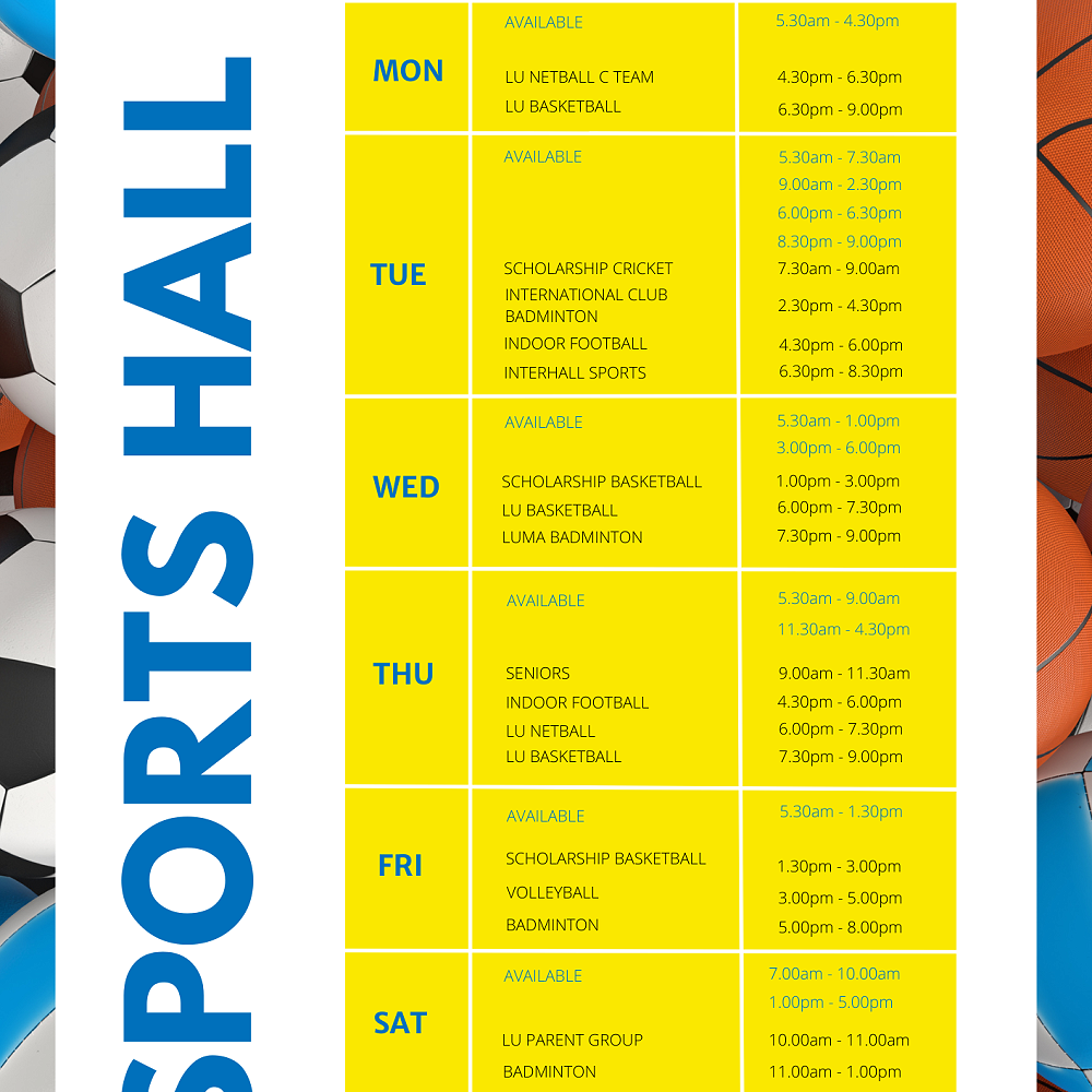 Sports Hall Schedule updated 19th April 2023 - Whare Hākinakina LU Gym
