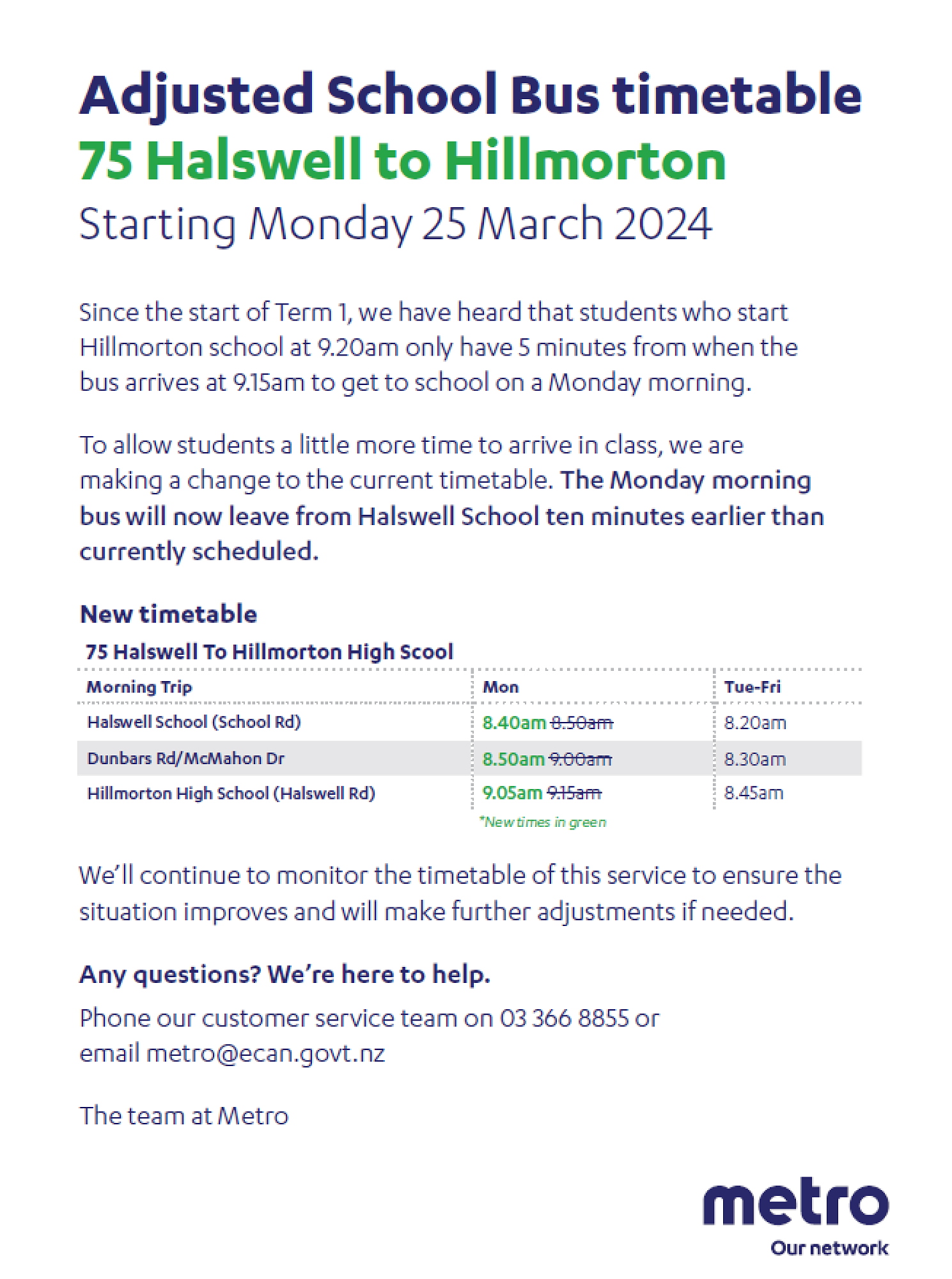 Please note the new change to the 75 Halswell to Hillmorton Bus ...