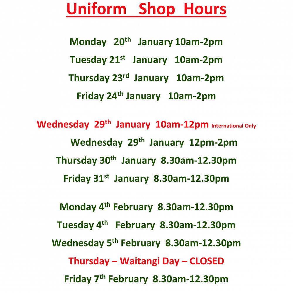 Uniform Shop Hours for January and February 2020