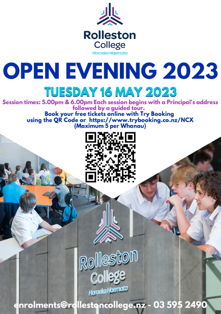 Rolleston College - Open Evening Tuesday 16th May 2023 — Kāwerongo ...