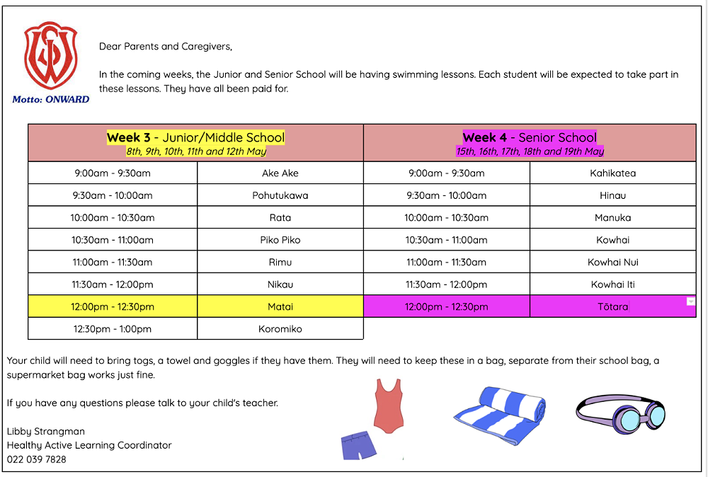Swimming Timetable Term 2