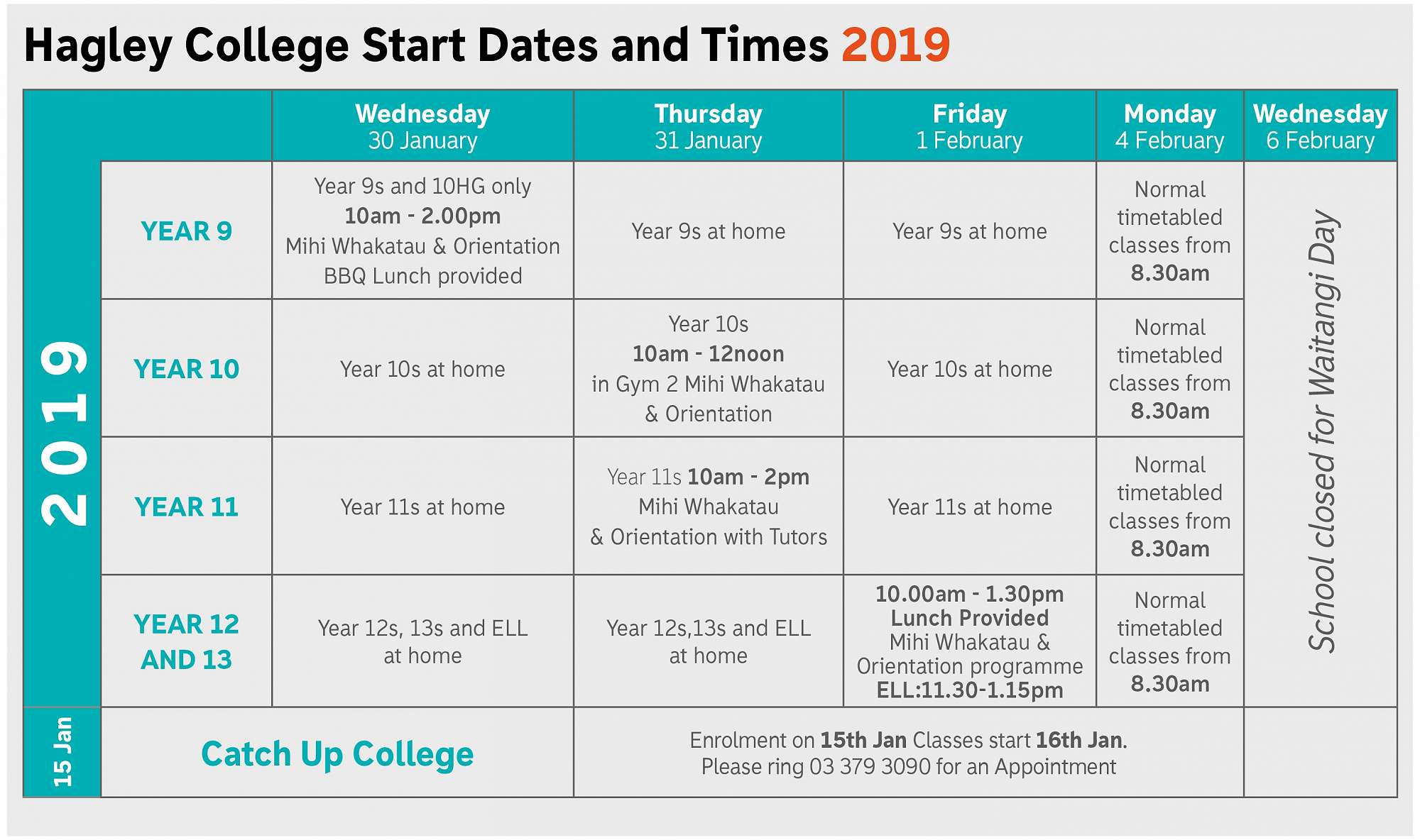 Start Dates & Timetable for 2019