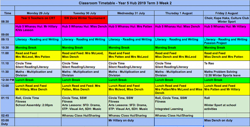 Year 5 Timetable: Term 3 Week 2