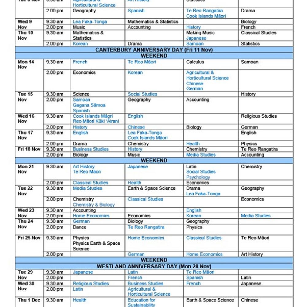 NCEA Exam Timetable
