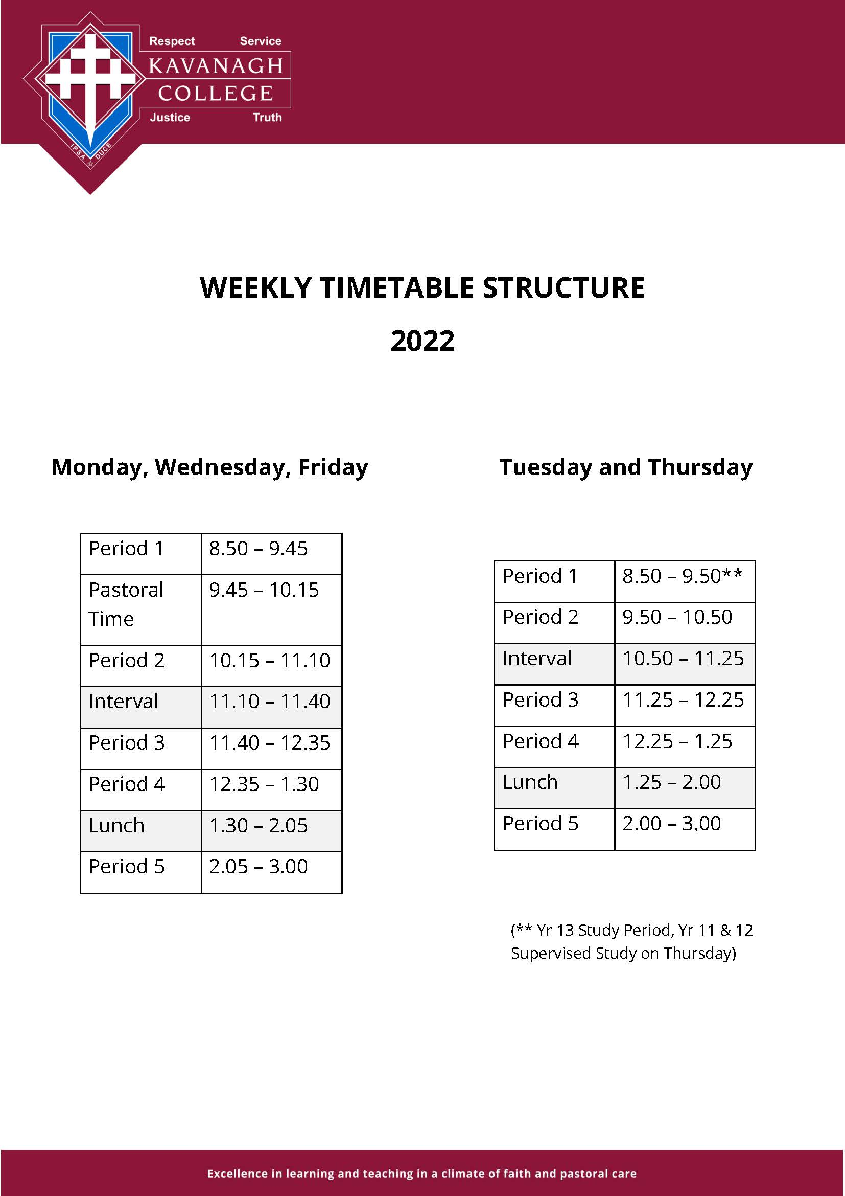 New Timetable Structure 2022 | Trinity Catholic College