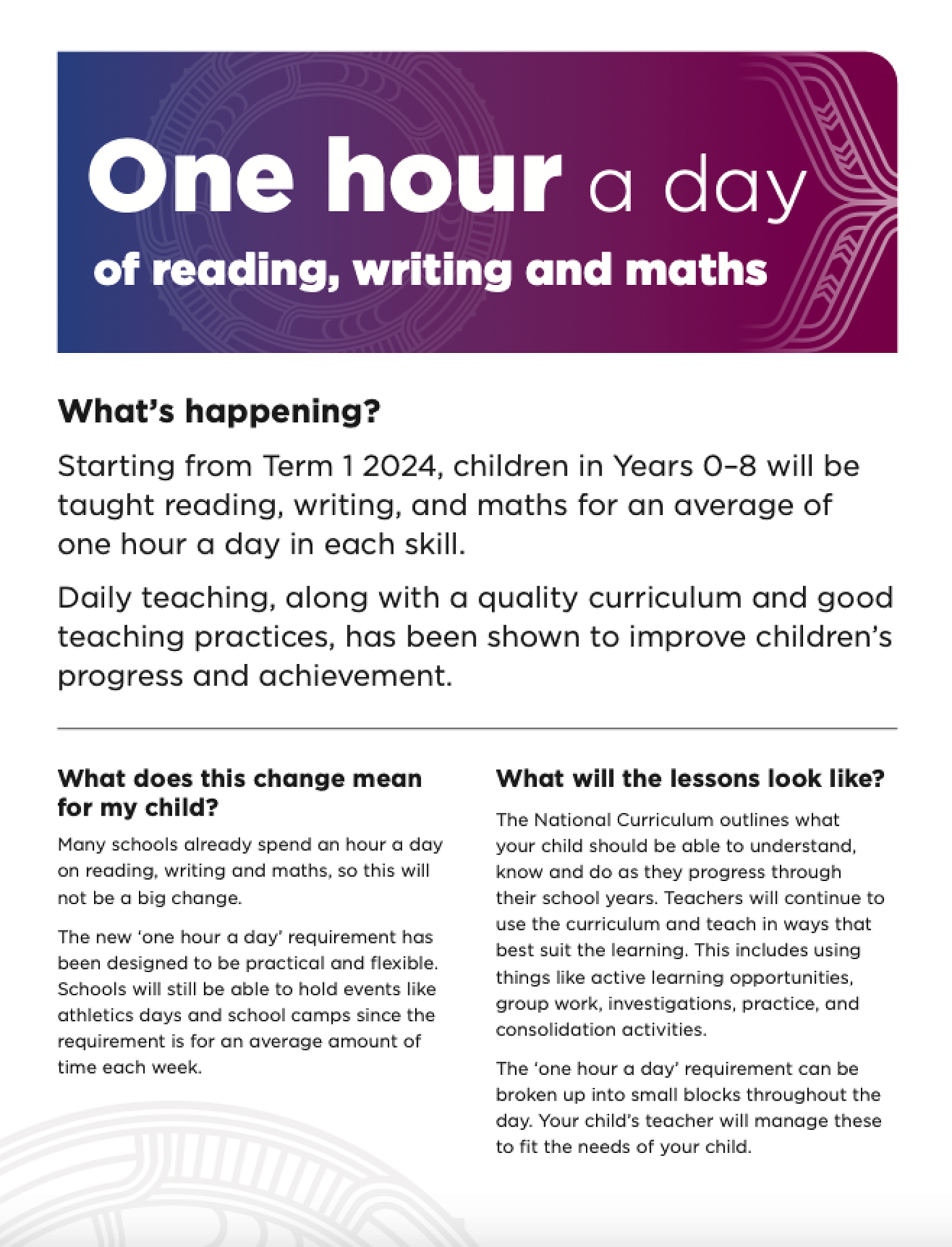 One hour a day of Reading, Writing and Maths