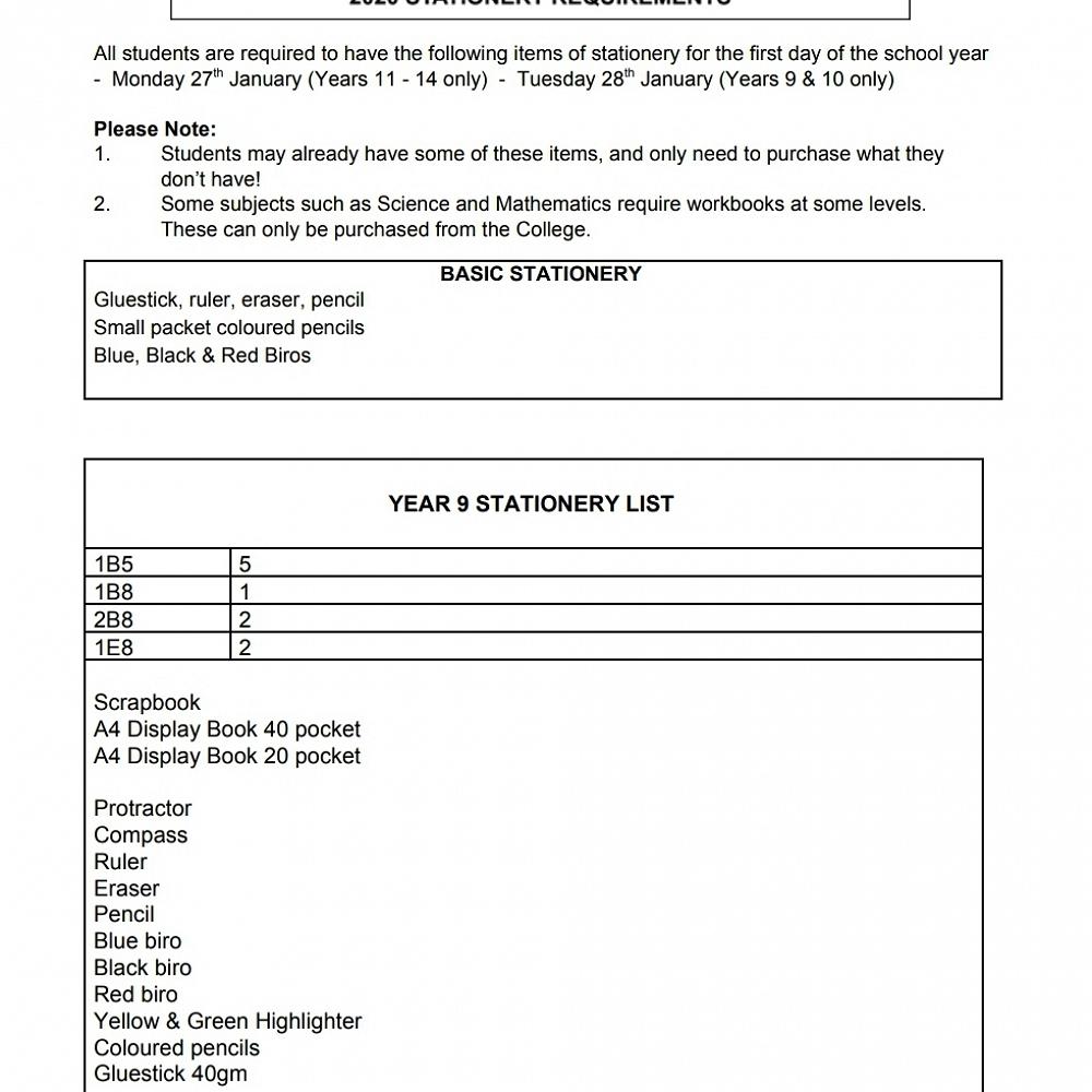 2020 Stationery List