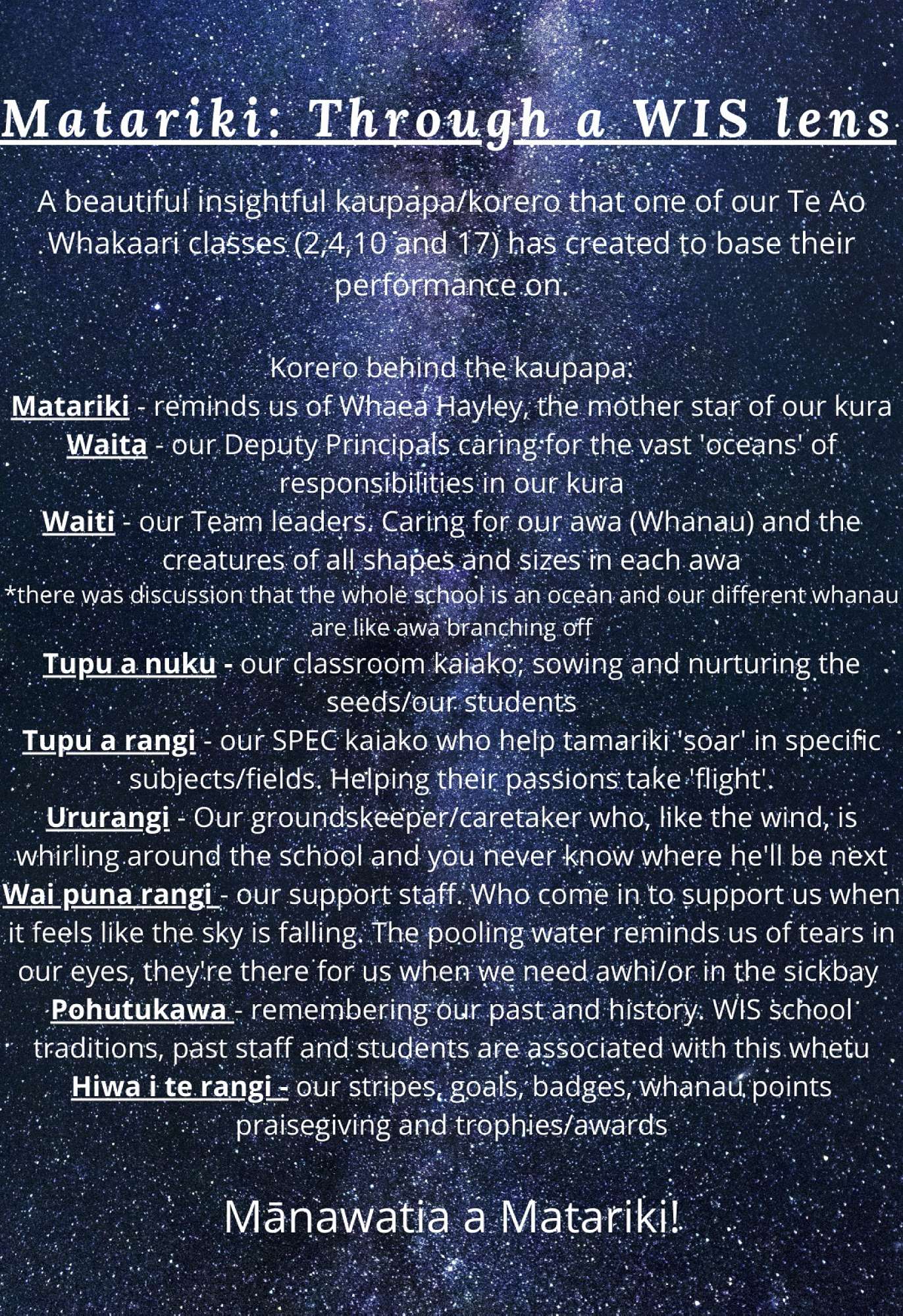 Matariki - what is means for us at WIS na Whaea Monique