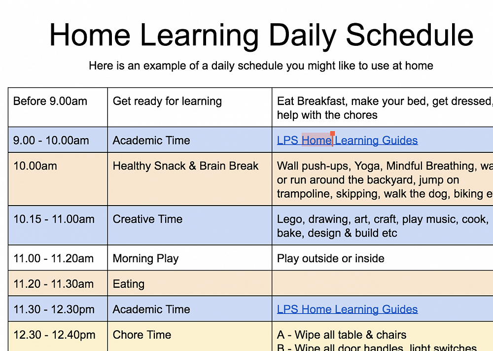 Optional Daily Schedule & Learning Activities — Home Learning