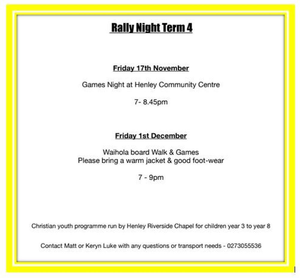 Rally Night - Friday 17th November — Term 4 Week 6 Newsletter