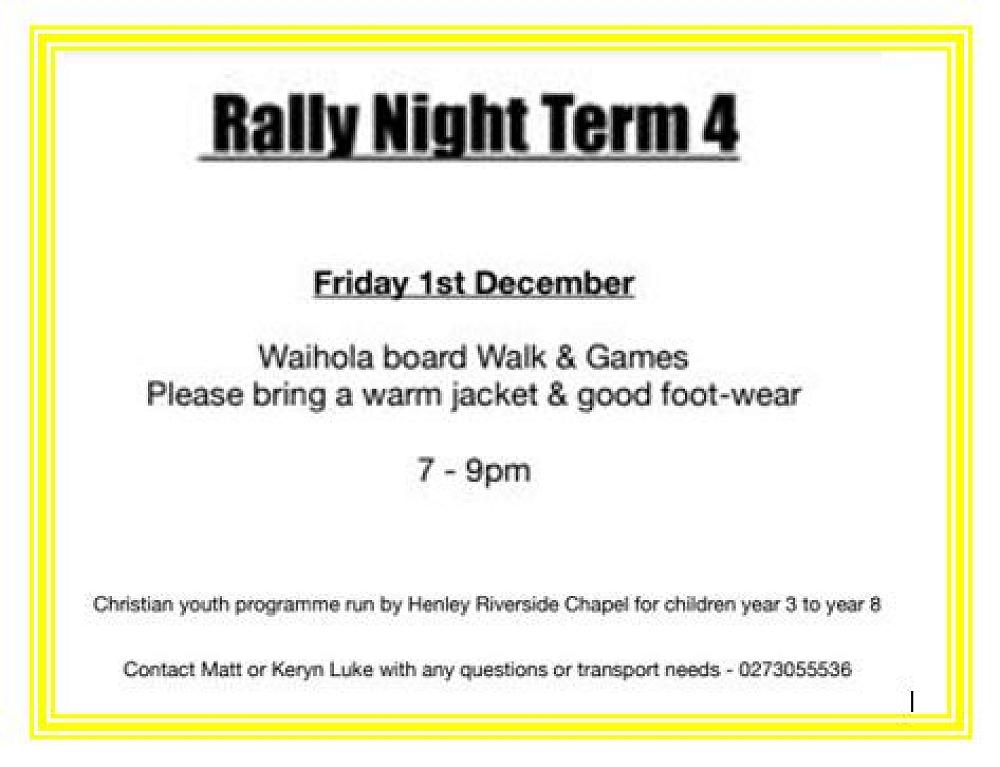 Rally Night - Friday 1st December — Term 4 Week 8 Newsletter