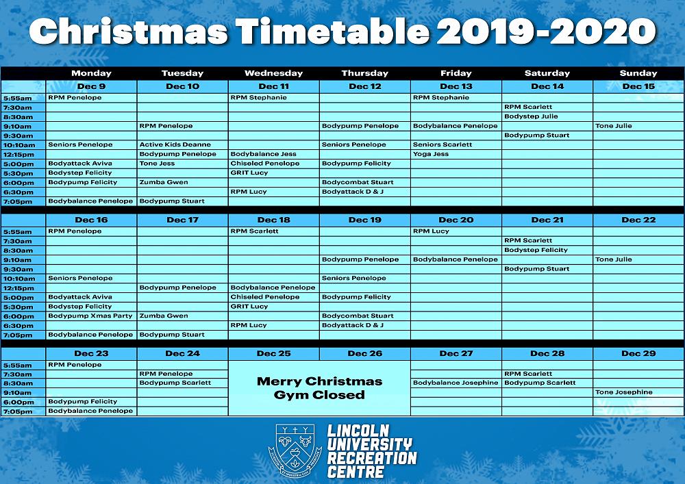 Christmas timetable beginning 9th December 2019
