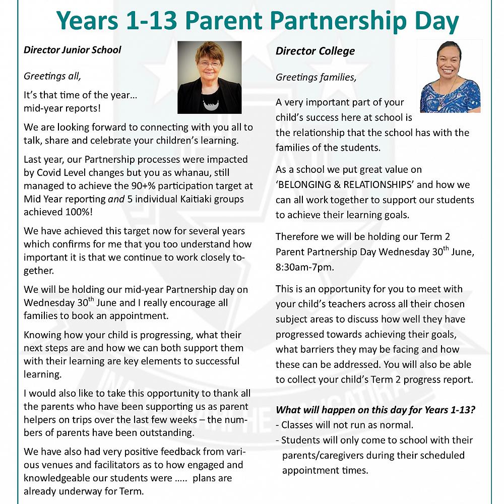 Message from the School Directors: Years 1-13 Parent Partnership Day
