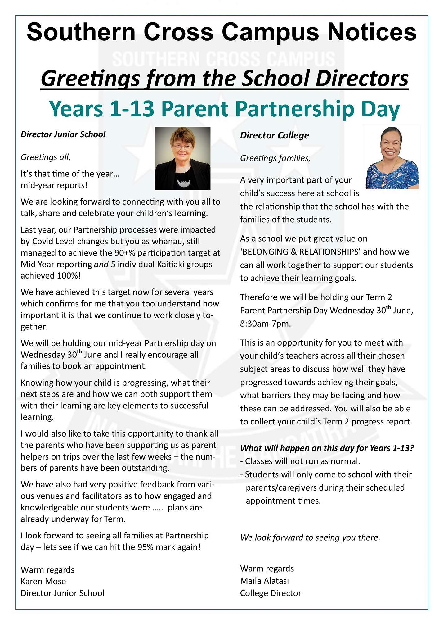 Message from the School Directors: Years 1-13 Parent Partnership Day