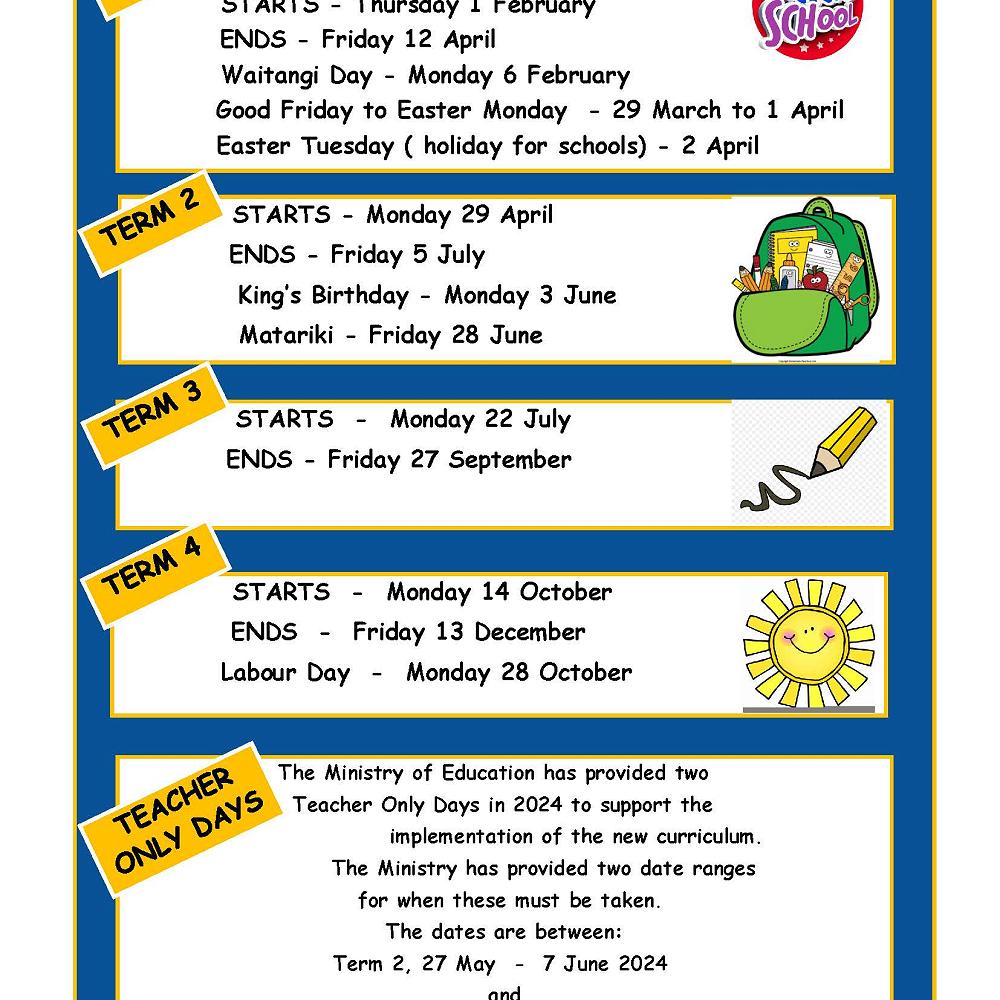 2024 Term Dates / Nga ra o te wahanga — Year 2 Team Term 1 2024 Pānui