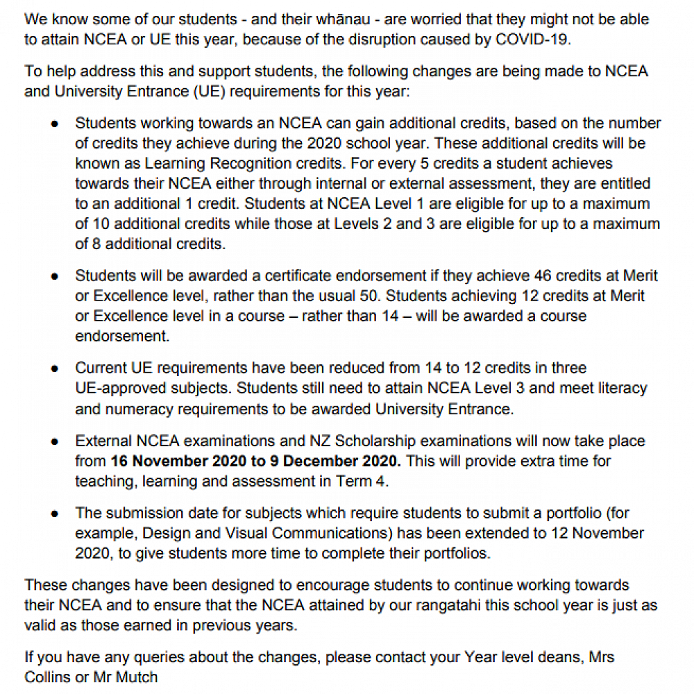 NCEA Changes to Credits 2020