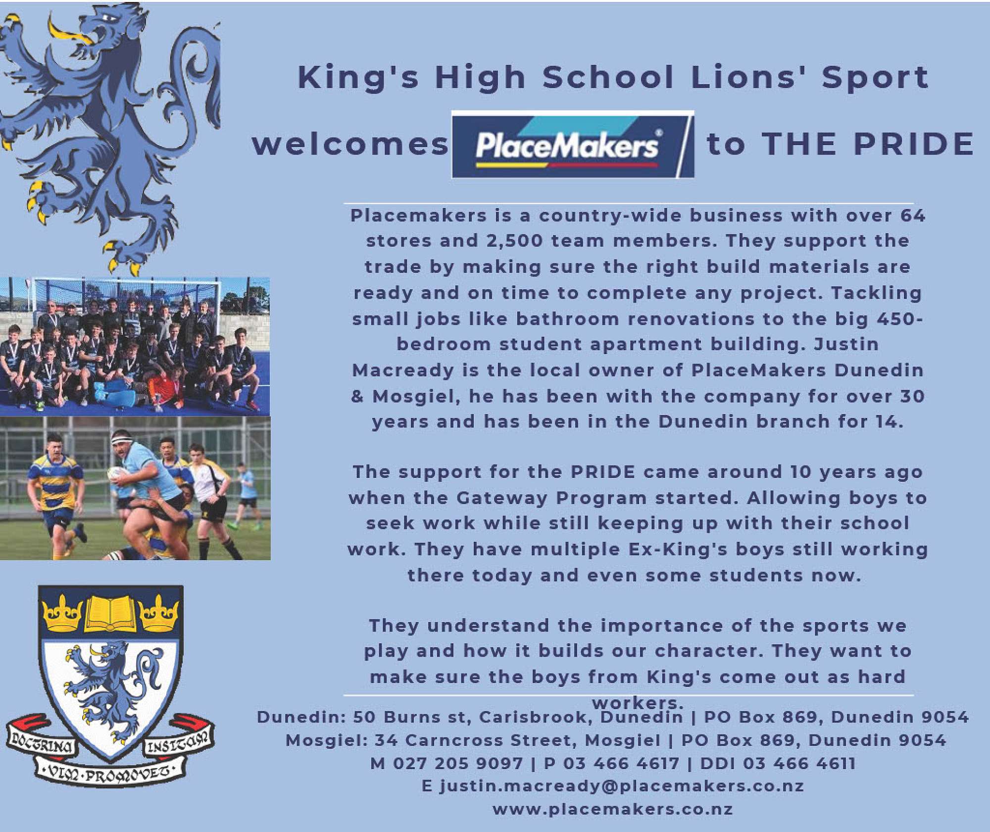 King's High School Lions' Sport welcomes PlaceMakers to THE PRIDE ...