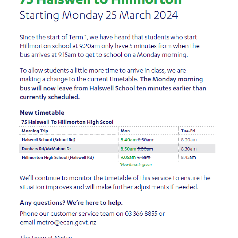 Please note the new change to the 75 Halswell to Hillmorton Bus ...