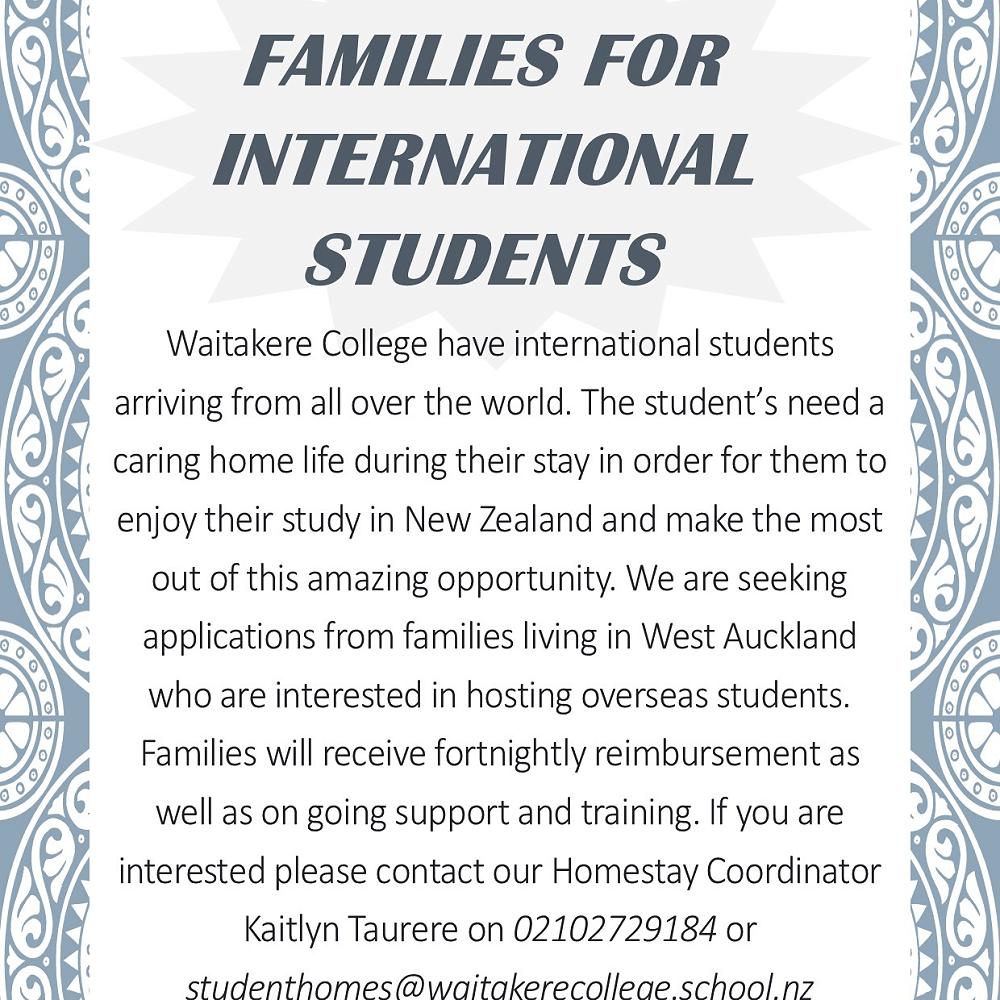 Waitakere College - Homestay families wanted