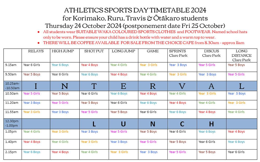 2024 Athletics Sports Day Timetable