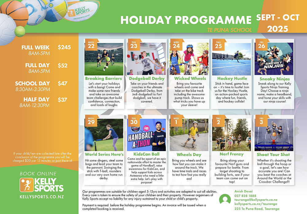 Kelly Sport Holiday Programme @ Te Puna School Sept-Oct 25 — Newsletter ...