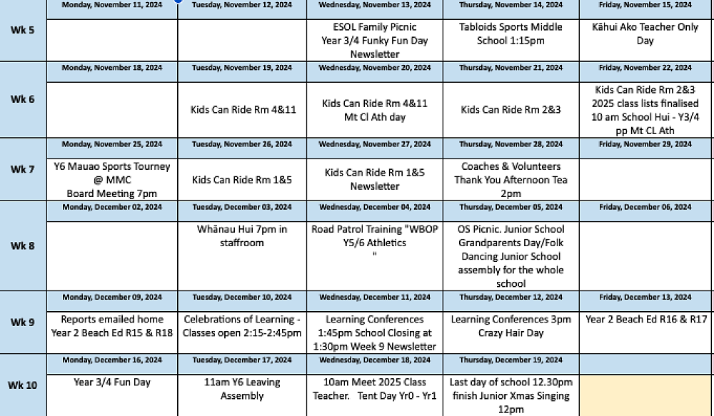 Term 4 Whānau Calendar 2024 — Week 10, Term 3, Newsletter, 2024