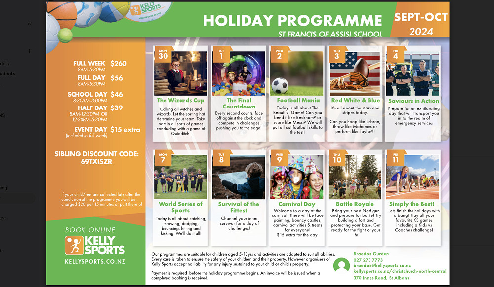 Kelly Sports Holiday Programme — Pānui #16 Friday 27th September 2024