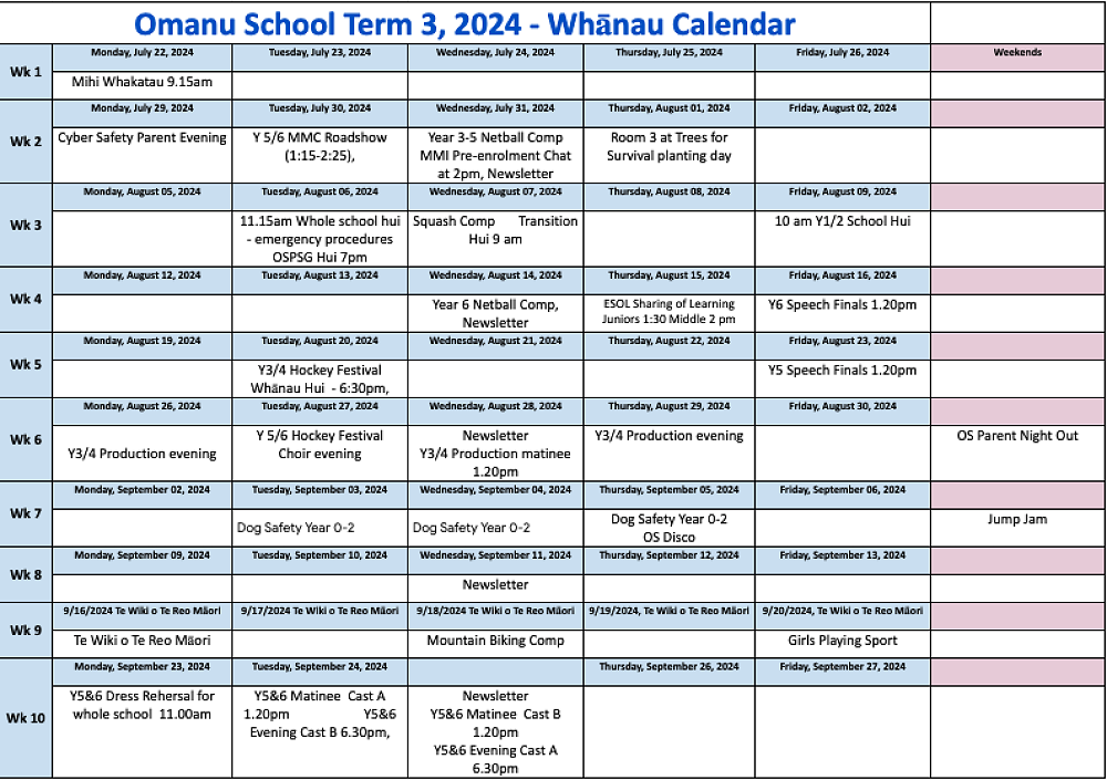 Whānau Calendar - Term 3, 2024 — Week 4, Term 3, 2024 Newsletter