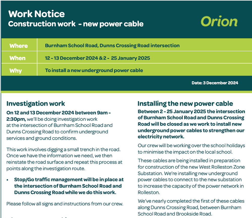 Notice of Road works from Orion — Kāwerongo/Newsletter - Term 4 Week 9 ...