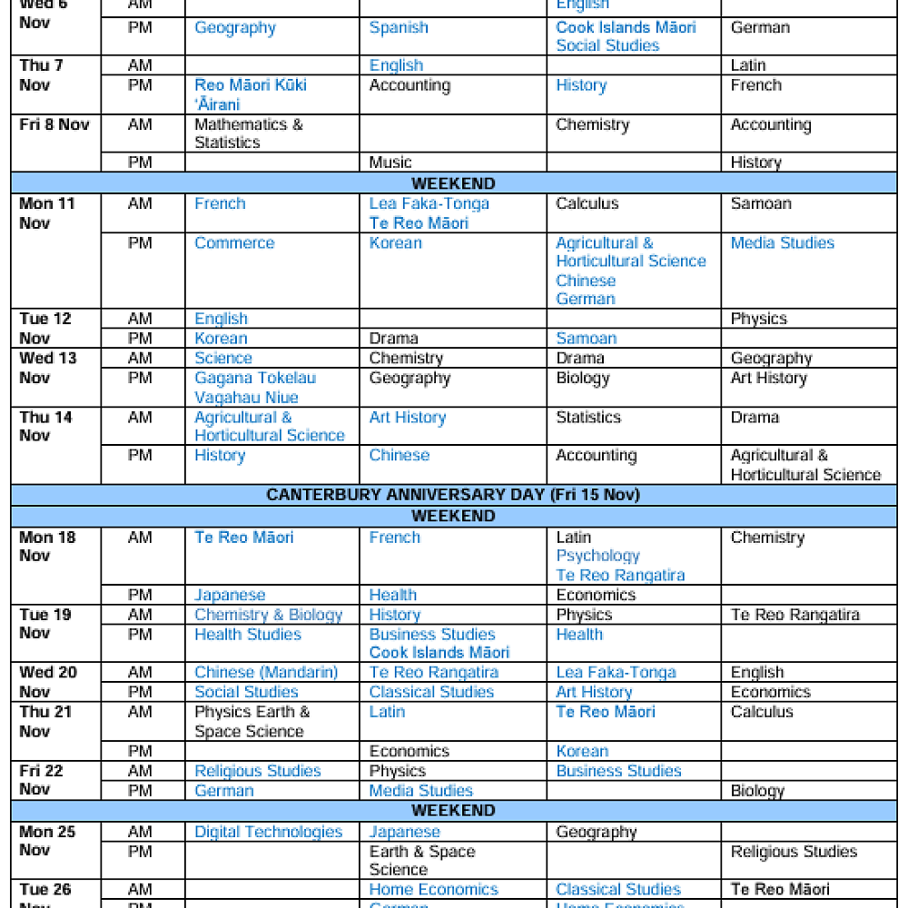NCEA Examination Schedule and Subject Resources