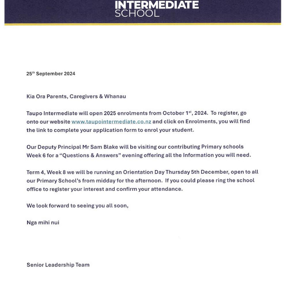 Taupo Intermediate School 2025 Enrolment Info.