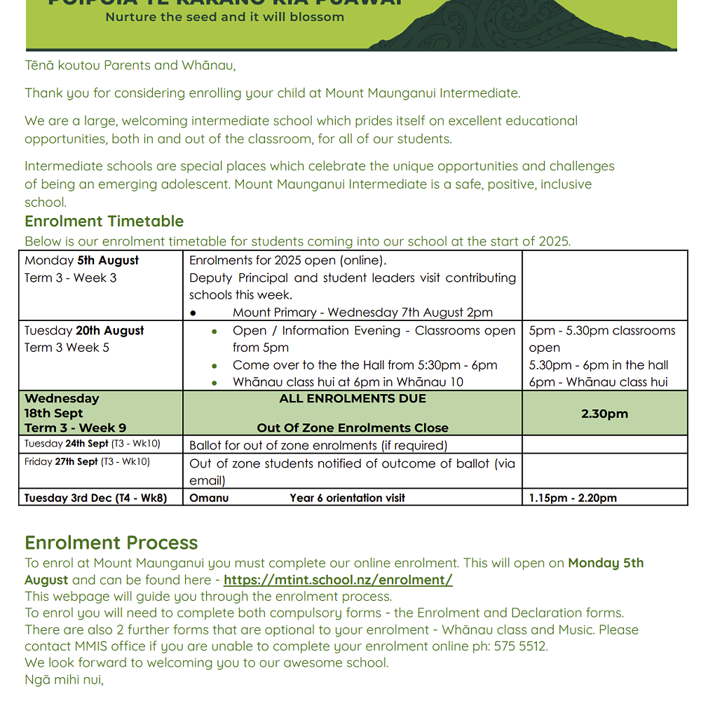 Enrolment Information for Year 6's Attending Mount Maunganui ...