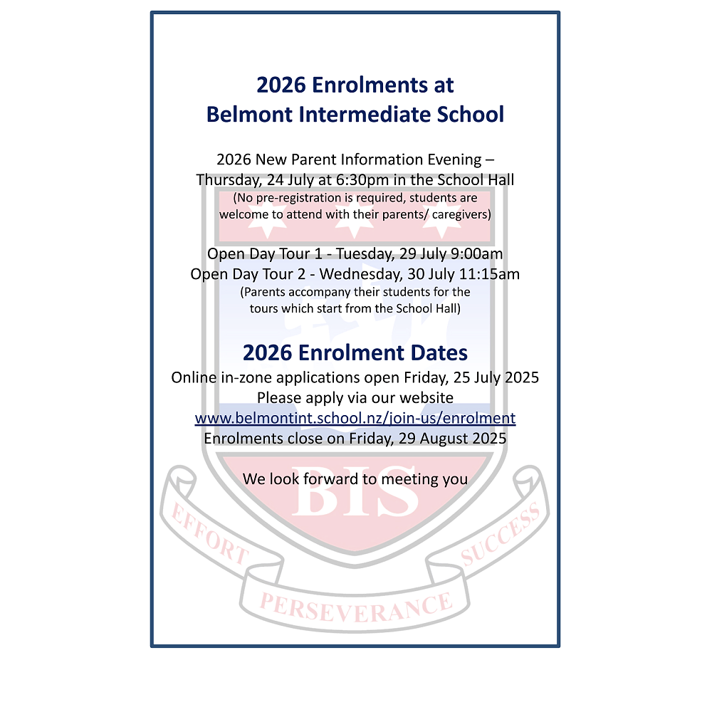 2026 Enrolment Details for Belmont Intermediate School
