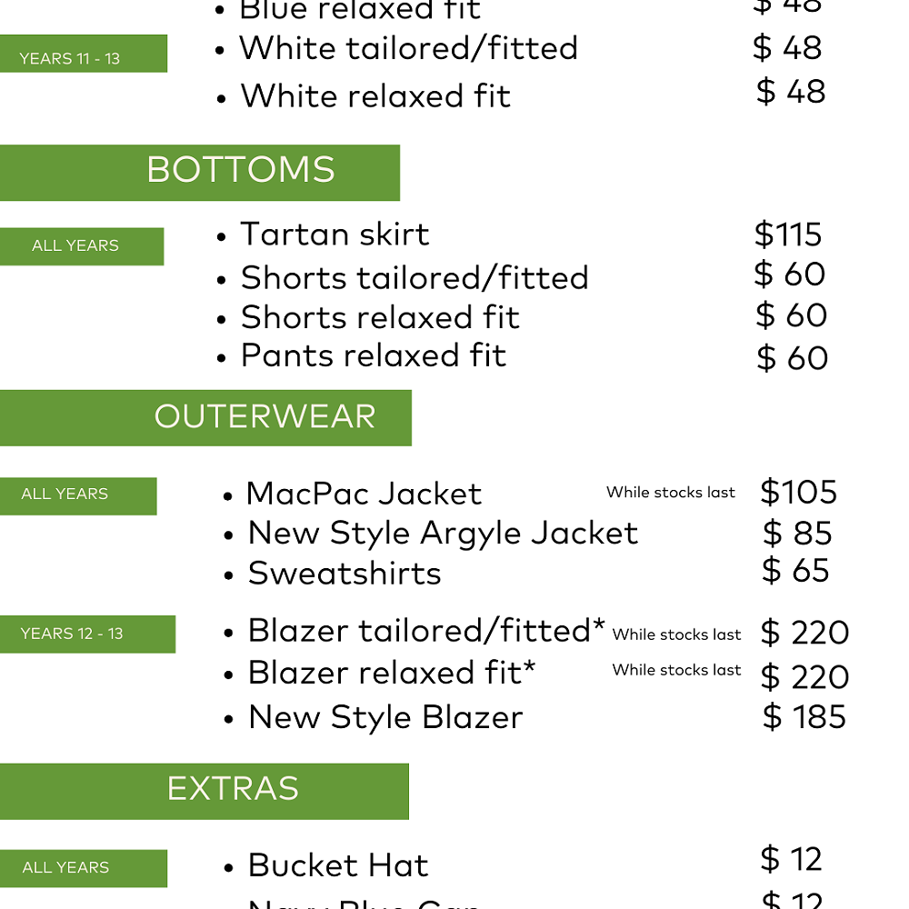 Uniform Price List 2025