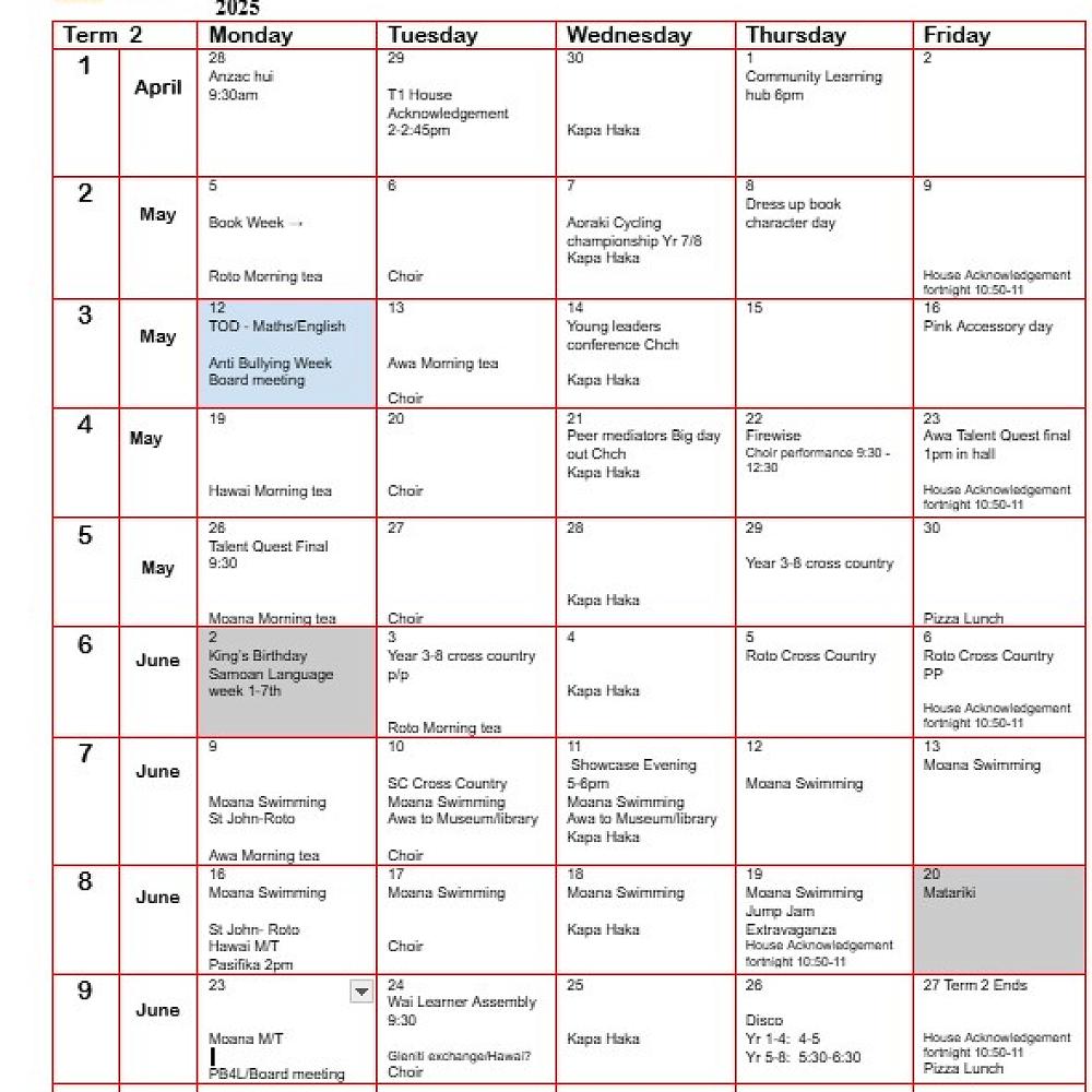 Term 2 calendar