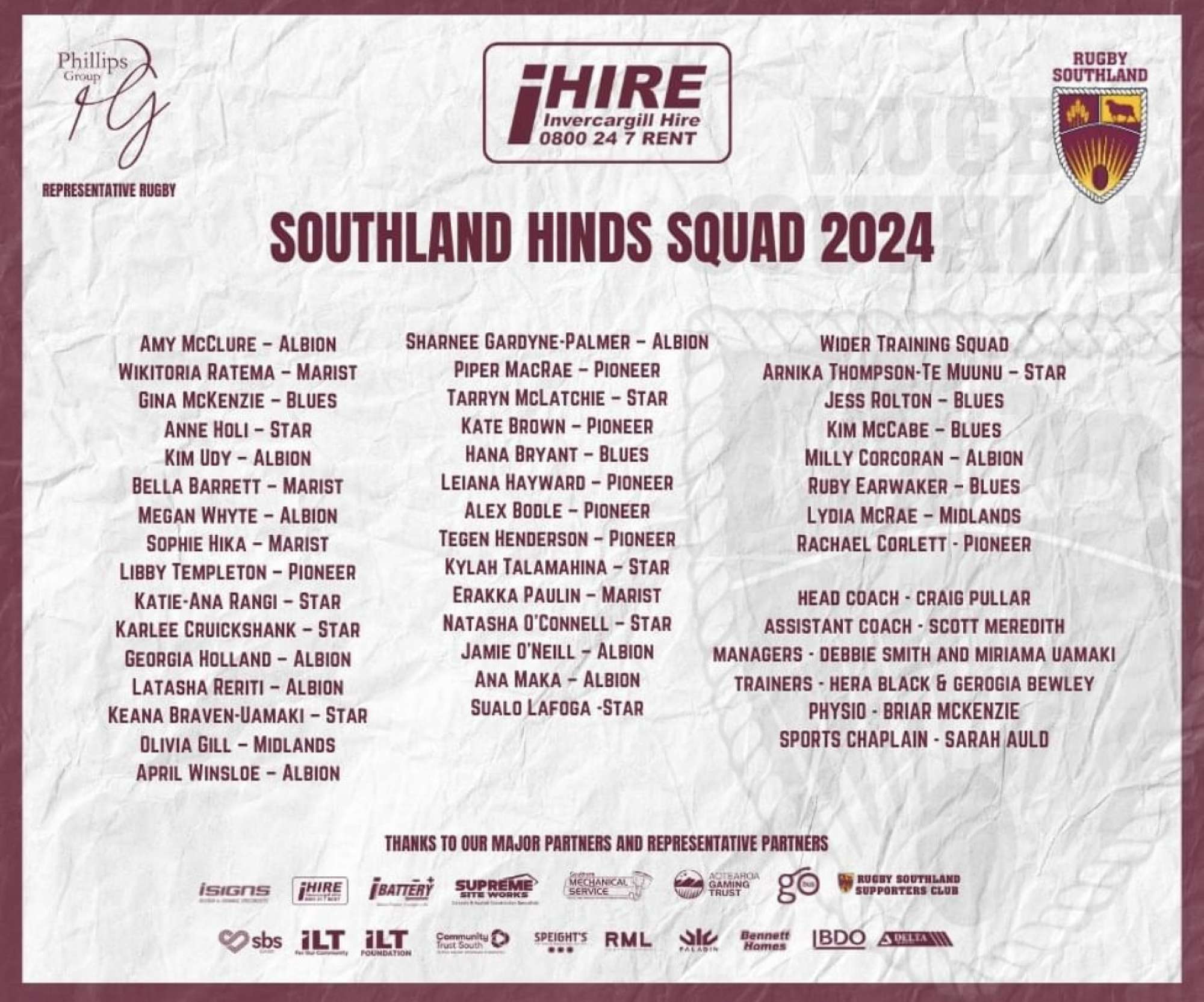 Southland Rugby - Hinds Squad!