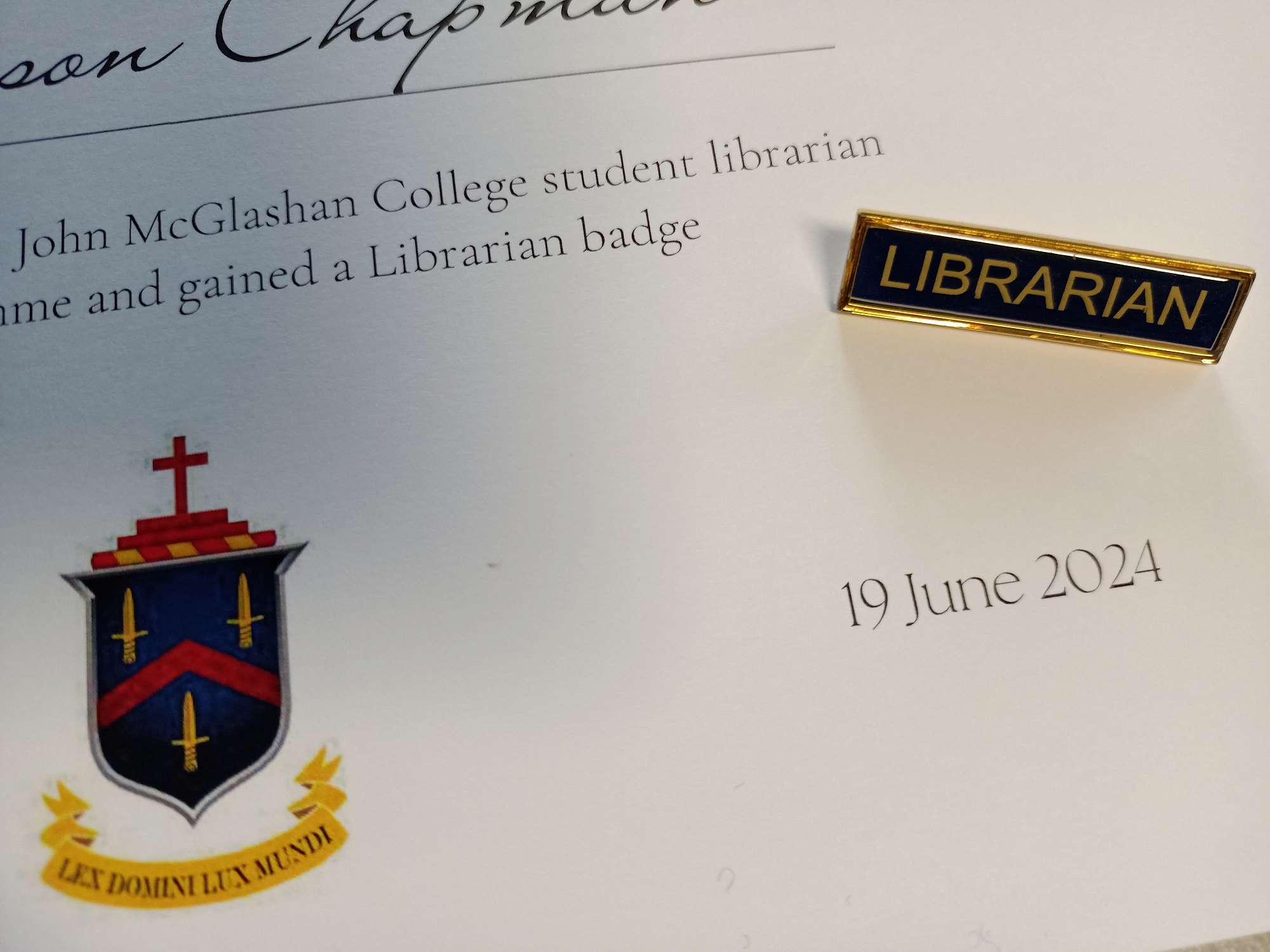 Student librarian badges presented | John McGlashan College