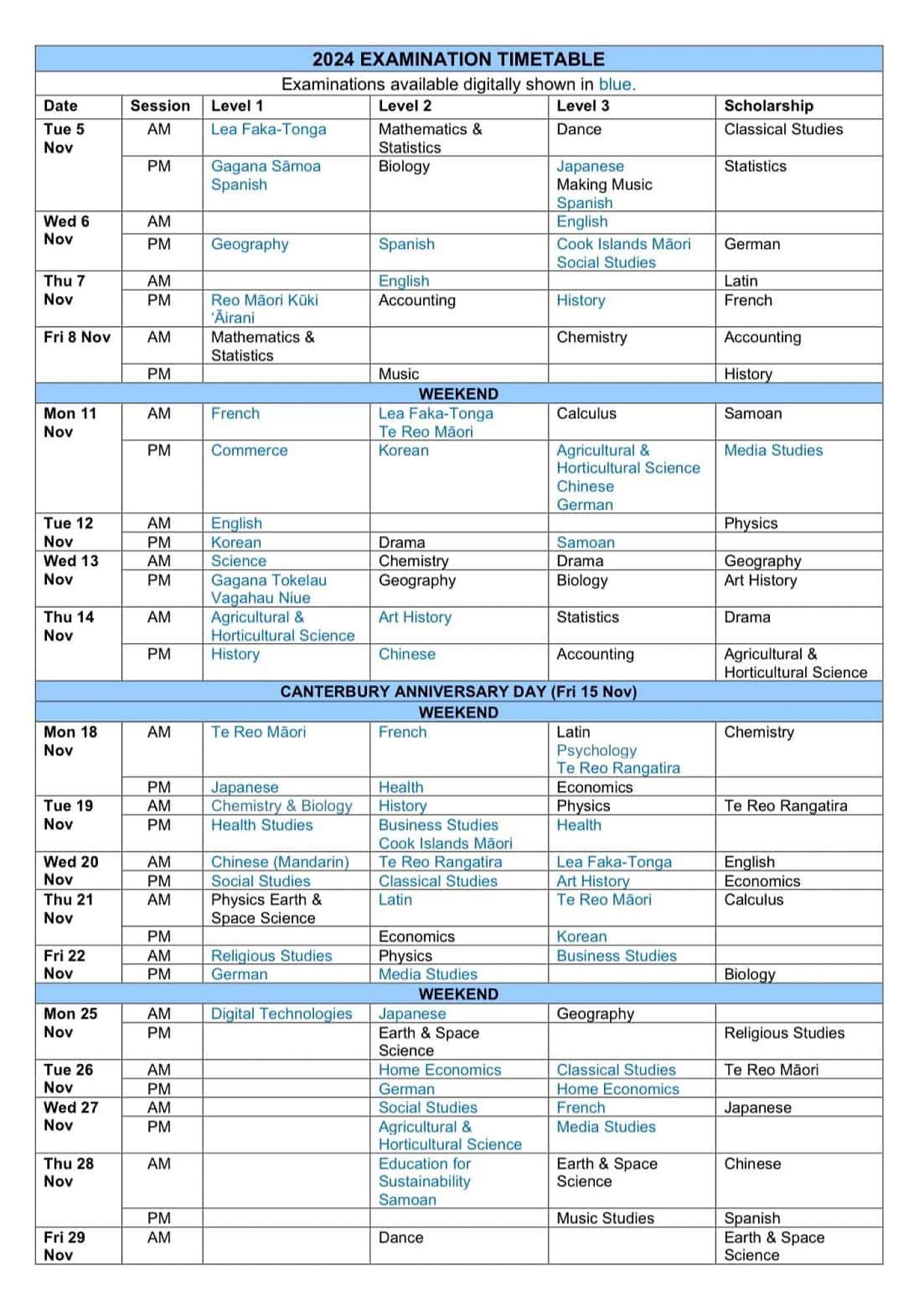 2024 NCEA EXAMINATION TIMETABLE