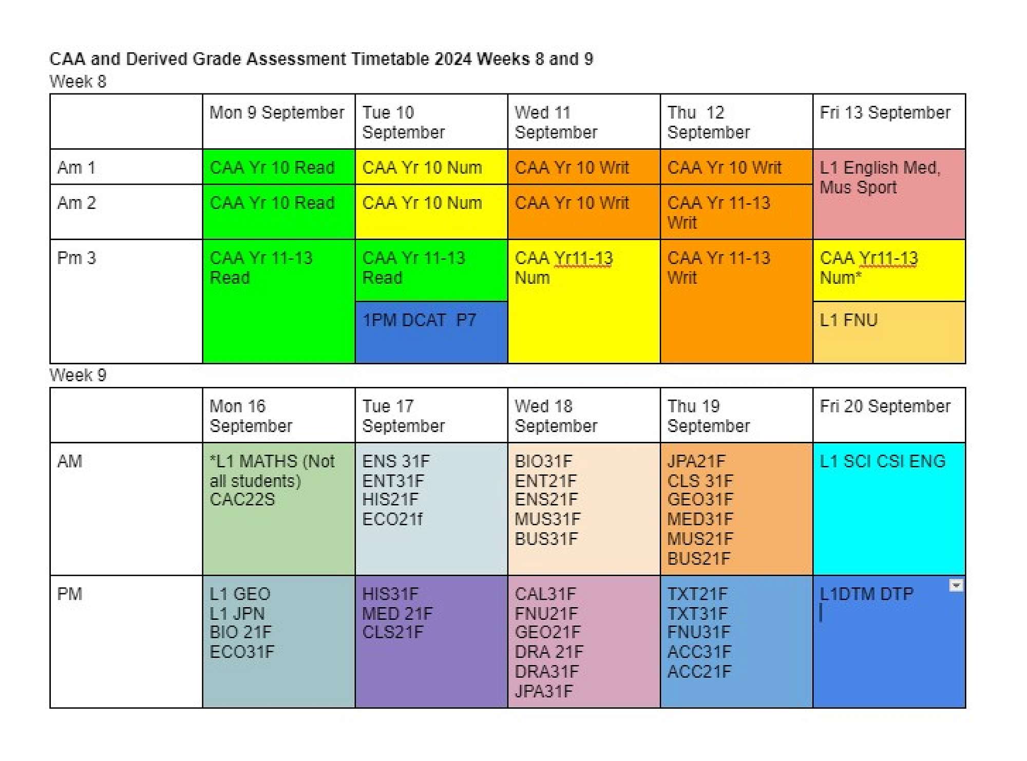 Common Assessment Activity (CAA) and Derived grade exams. Weeks 8 and 9 ...