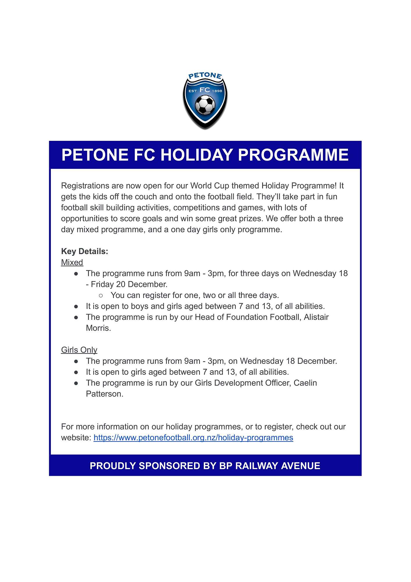 Petone Football Club Holiday Programme
