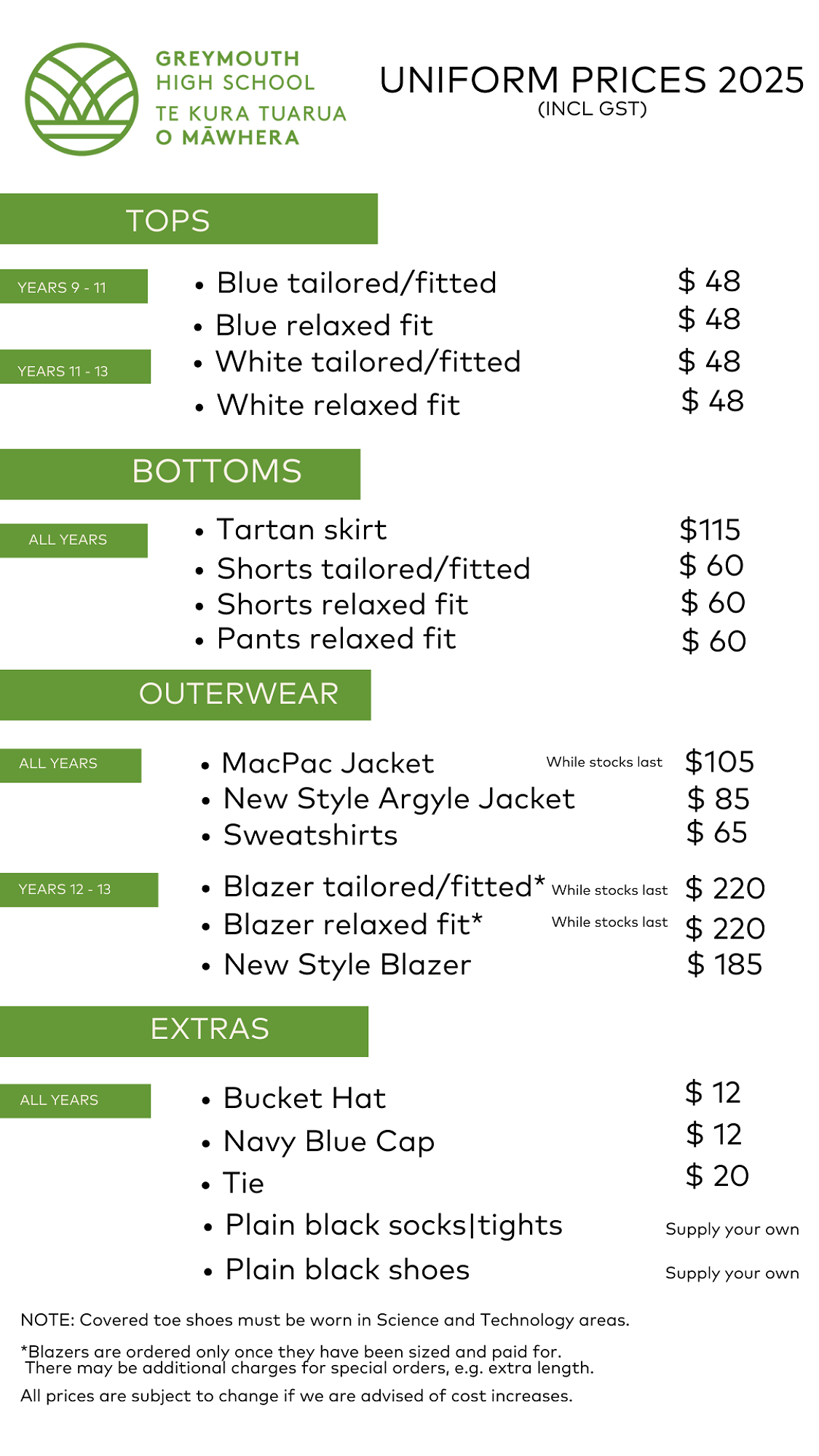 Uniform Price List 2025
