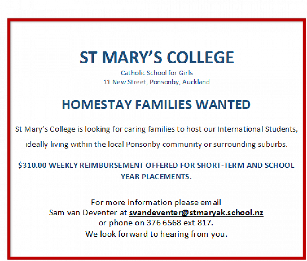 Homestay Families Wanted -St Mary's College