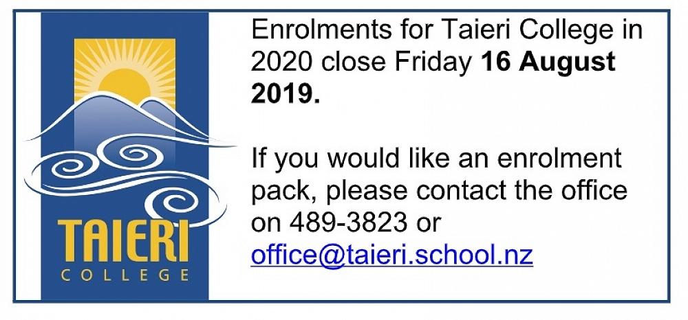 ENROLMENTS FOR TAIERI COLLEGE