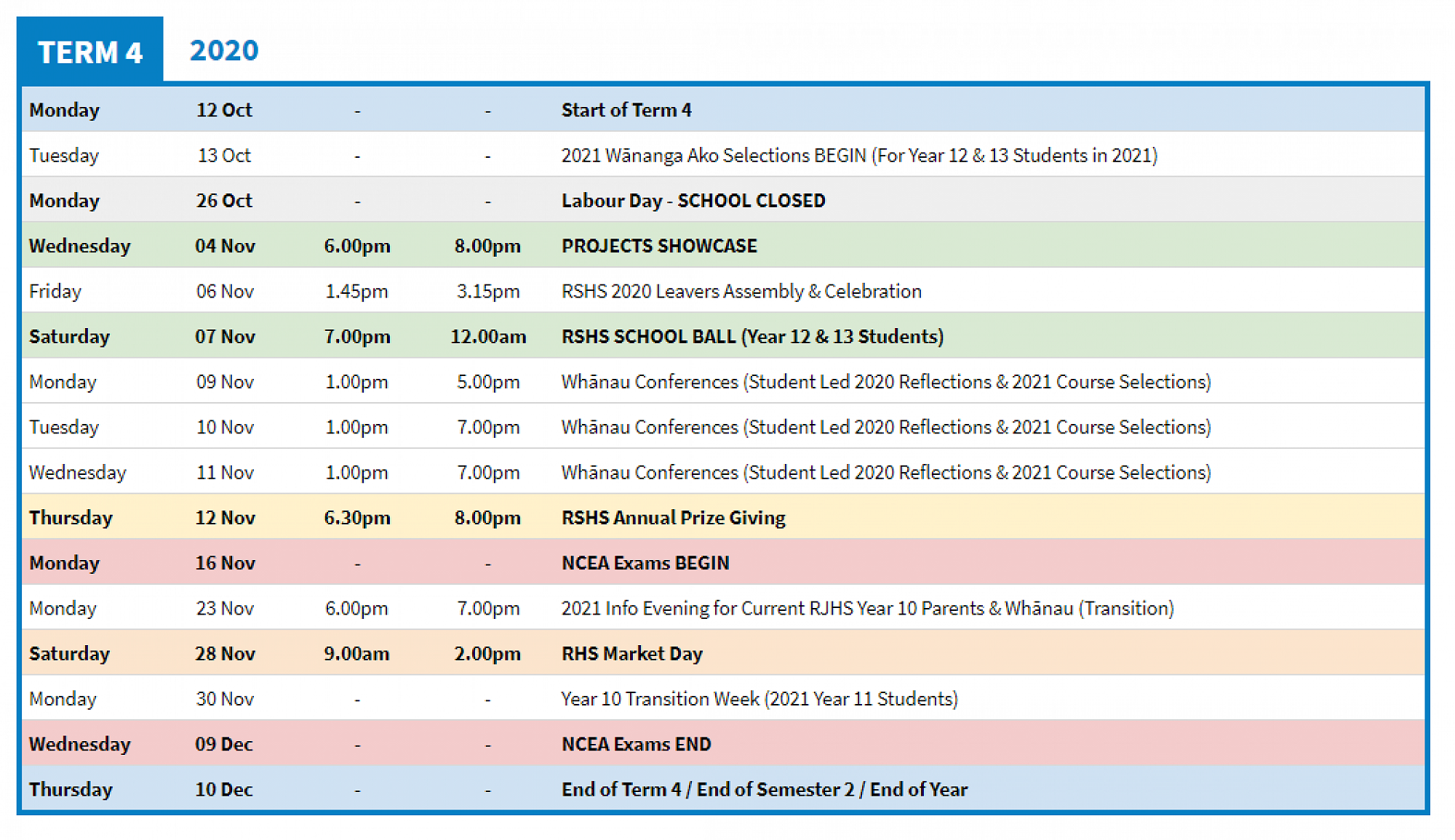 Term 4 Important Dates